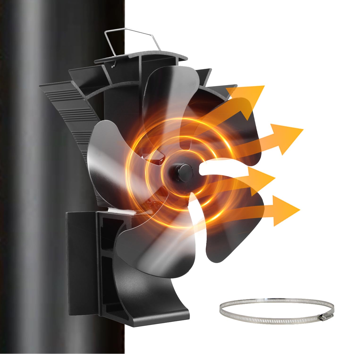 VODA Stove Fan 5 Blades for Wood Stove/Fireplace/Flue Pipe - Magnetic Installation, No Power Required - High Efficiency, Low Noise, Durable - Include 1 Spare Ring
