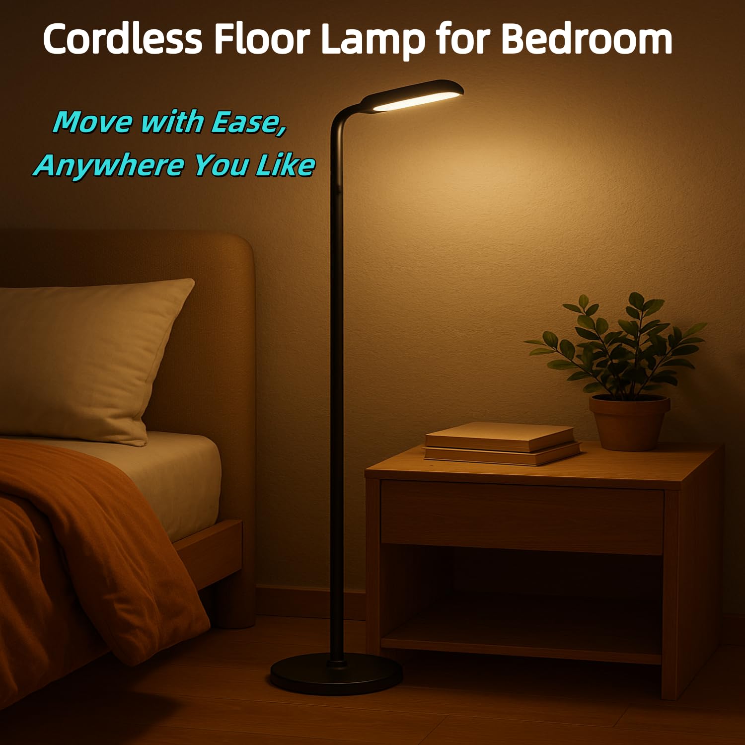YUWLDD Battery Floor Lamp,Rechargeable Portable Reading Floor Lamp for Living Room,Battery Powered Cordless Lamp,Touch Control for Camping,Emergency Lighting(Black)