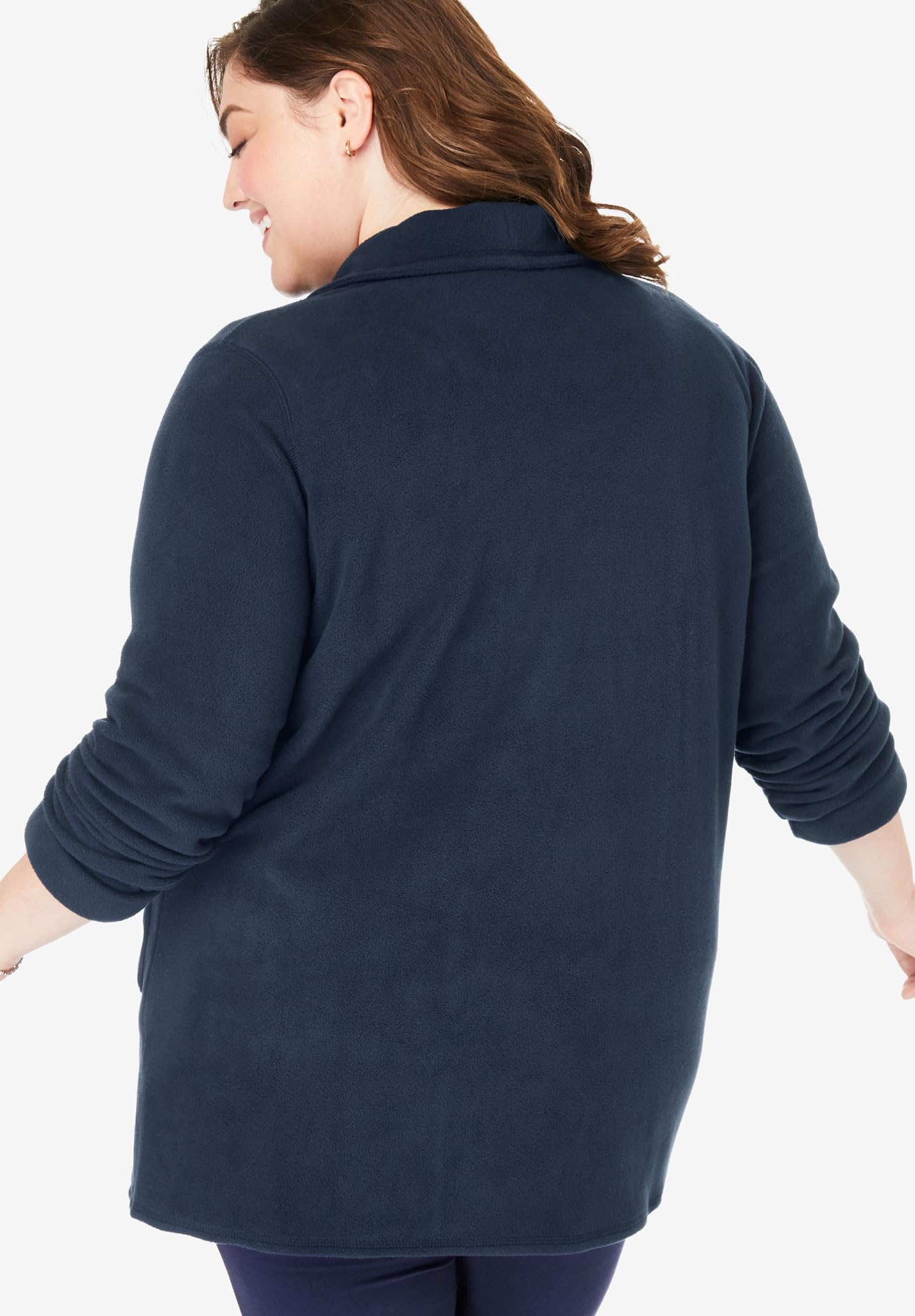 Woman Within Plus Size Microfleece Cardigan Shawl Collar Oversized Long Open Jacket - 1X, Medium Heather Grey