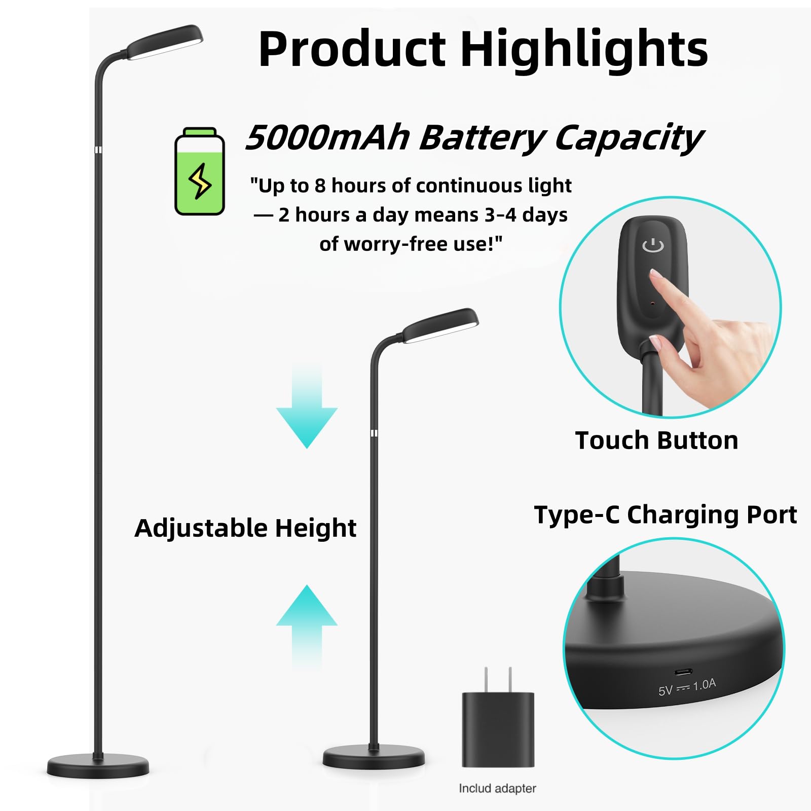 YUWLDD Battery Floor Lamp,Rechargeable Portable Reading Floor Lamp for Living Room,Battery Powered Cordless Lamp,Touch Control for Camping,Emergency Lighting(Black)