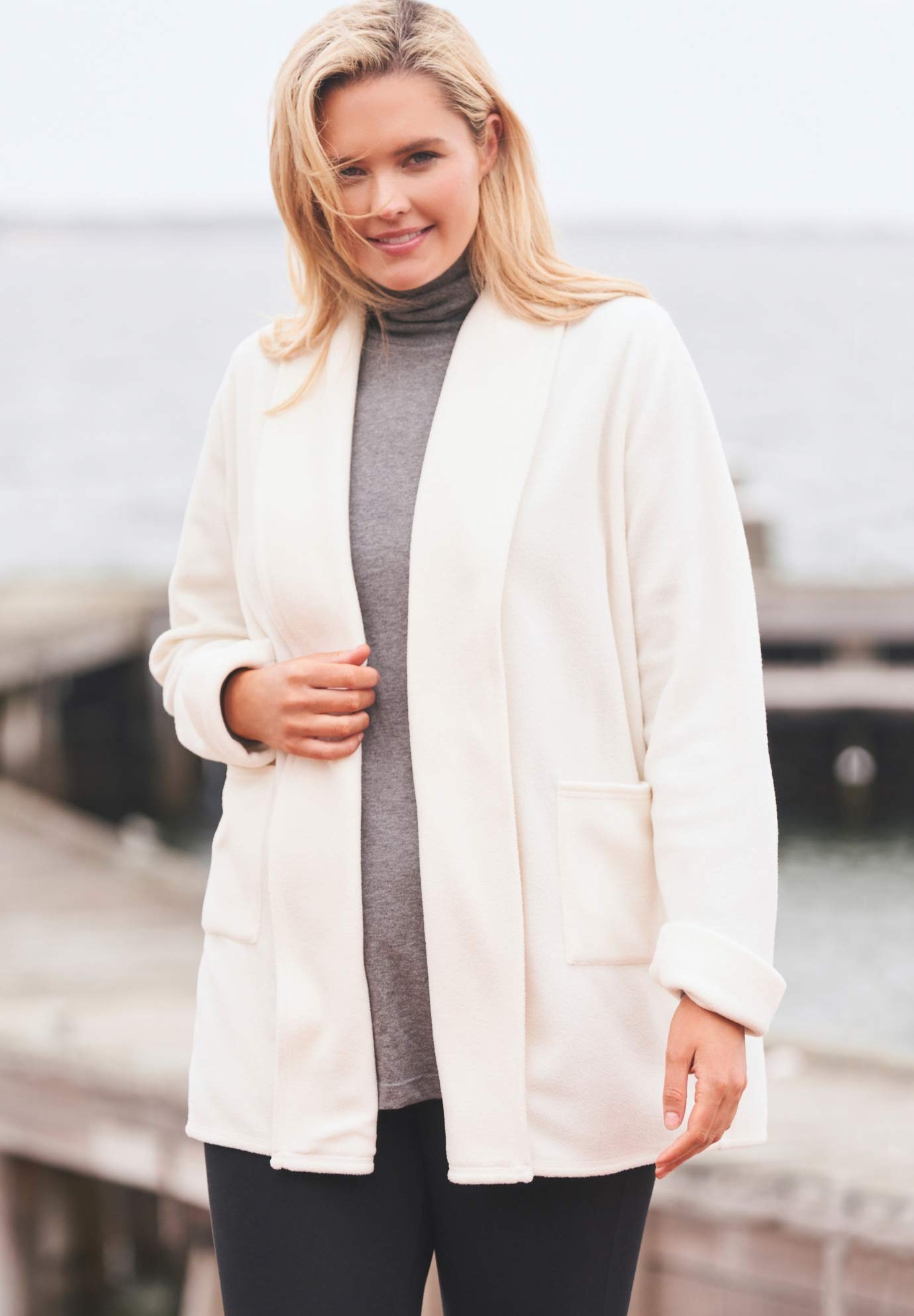 Woman Within Plus Size Microfleece Cardigan Shawl Collar Oversized Long Open Jacket - 1X, Medium Heather Grey