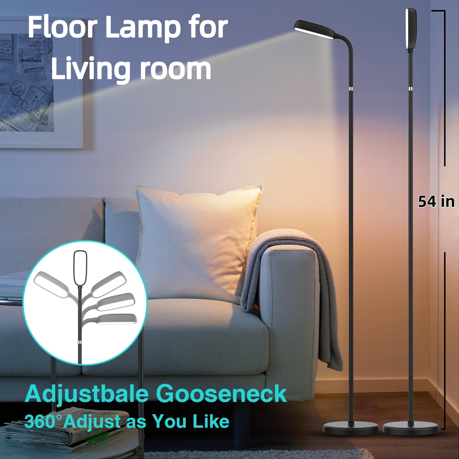 YUWLDD Battery Floor Lamp,Rechargeable Portable Reading Floor Lamp for Living Room,Battery Powered Cordless Lamp,Touch Control for Camping,Emergency Lighting(Black)
