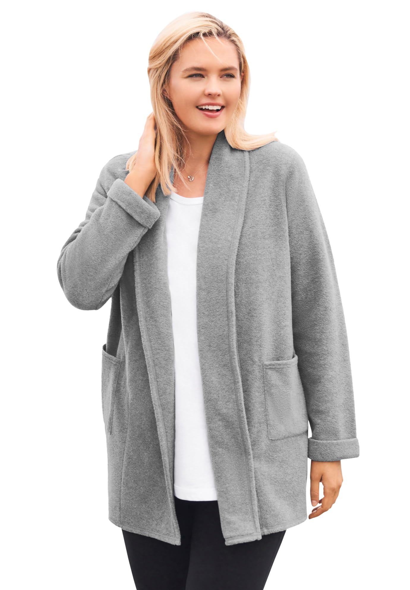 Woman Within Plus Size Microfleece Cardigan Shawl Collar Oversized Long Open Jacket - 1X, Medium Heather Grey