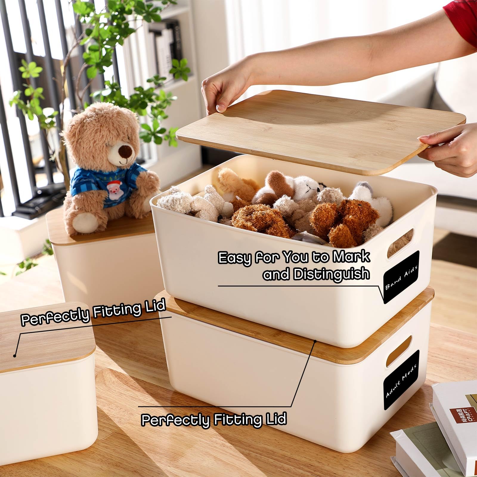 Suzile 6 packs Plastic Storage Bins with Bamboo Lids Stackable Storage Containers for Organizing, with Labels and Marker Document Paper Storage(Medium Large)