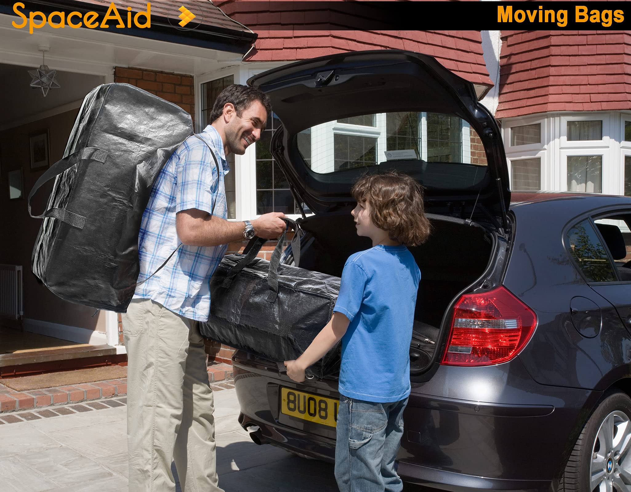 SpaceAid Heavy Duty Moving Bags, Extra Large Storage Totes W/ Backpack Straps Strong Handles & Zippers, Alternative to Moving Boxes, Packing & Moving Supplies, Black (8 Pack)
