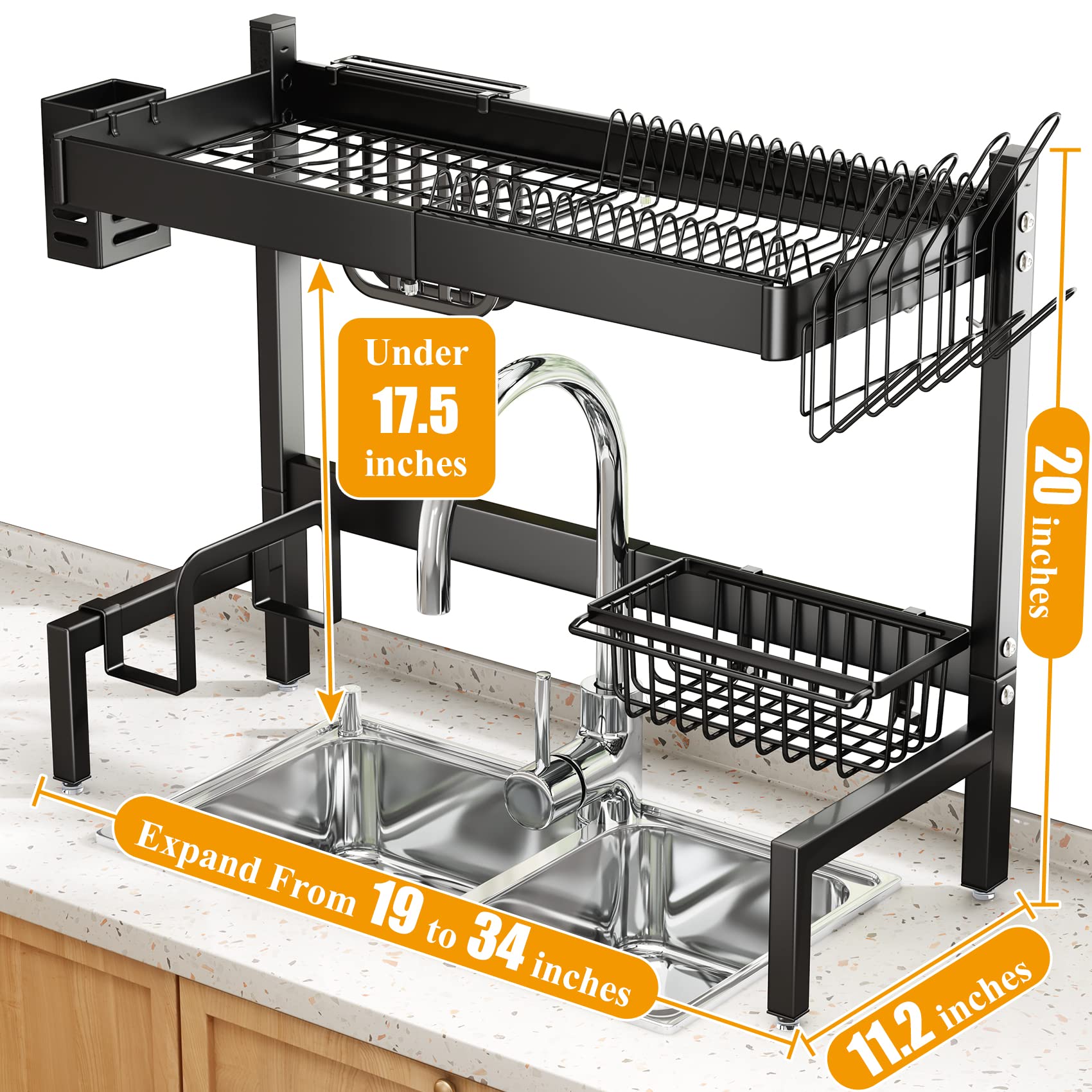 SAYZH Over The Sink Dish Drying Rack, Dish Drying Rack Auto-Drain Expandable (19.9 to 34 inch) 2-Tier Kitchen Counter Dish Drainer Rack with Metal Steel Utensil Cup Holder Sink Caddy, Black
