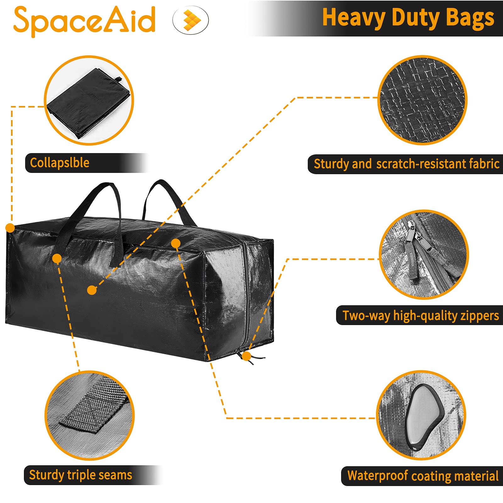 SpaceAid Heavy Duty Moving Bags, Extra Large Storage Totes W/ Backpack Straps Strong Handles & Zippers, Alternative to Moving Boxes, Packing & Moving Supplies, Black (8 Pack)