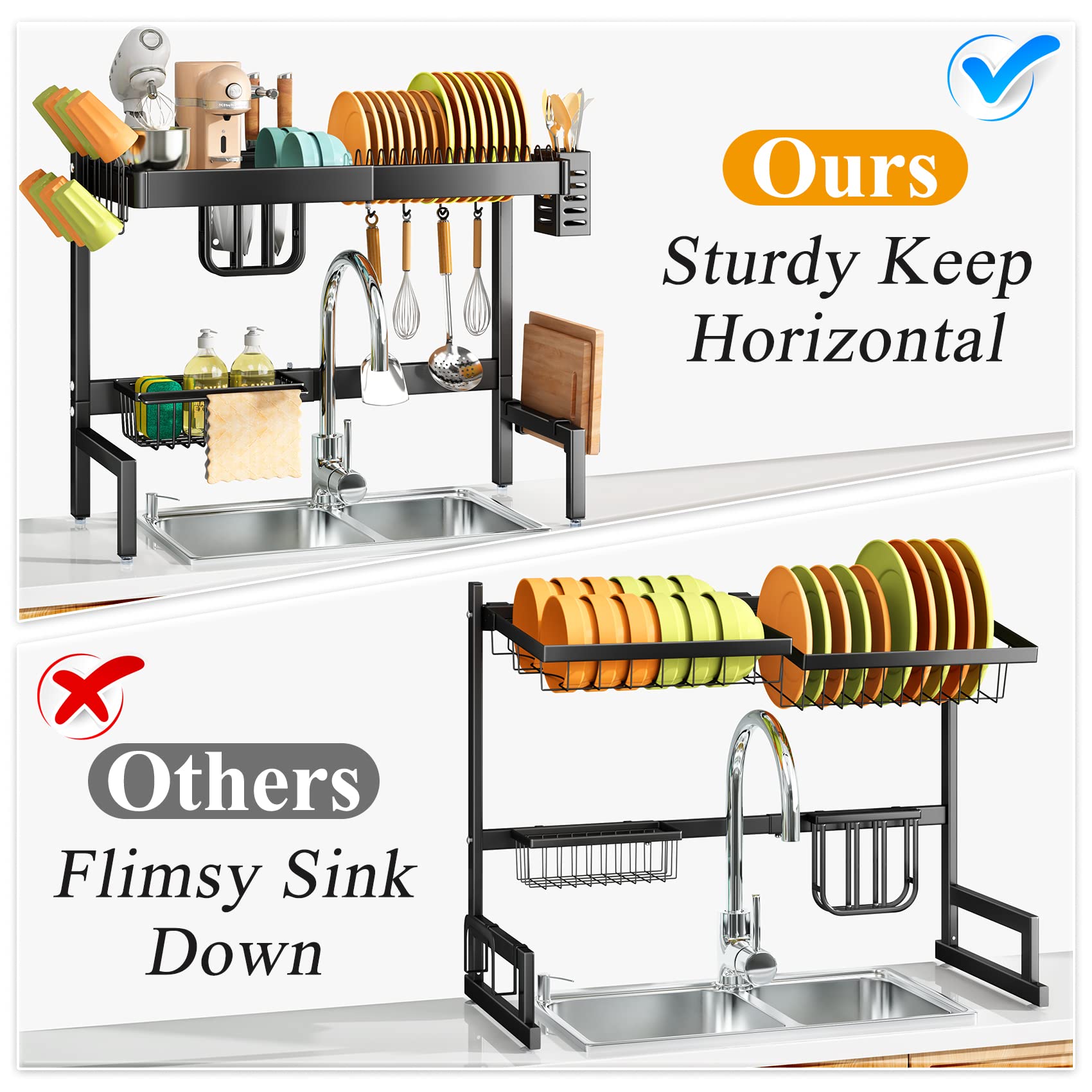 SAYZH Over The Sink Dish Drying Rack, Dish Drying Rack Auto-Drain Expandable (19.9 to 34 inch) 2-Tier Kitchen Counter Dish Drainer Rack with Metal Steel Utensil Cup Holder Sink Caddy, Black