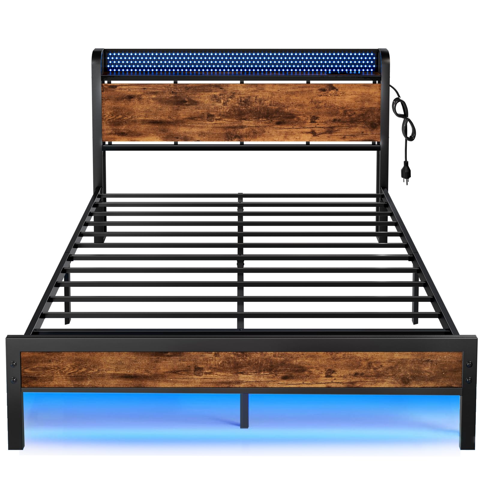 Furnulem Full Bed Frame with LED Lights,Industrial Storage Headboard with Charging Station,USB Port,Under Bed Storage,Wood Platform with Strong Metal Support,No Box Spring Needed, Silent