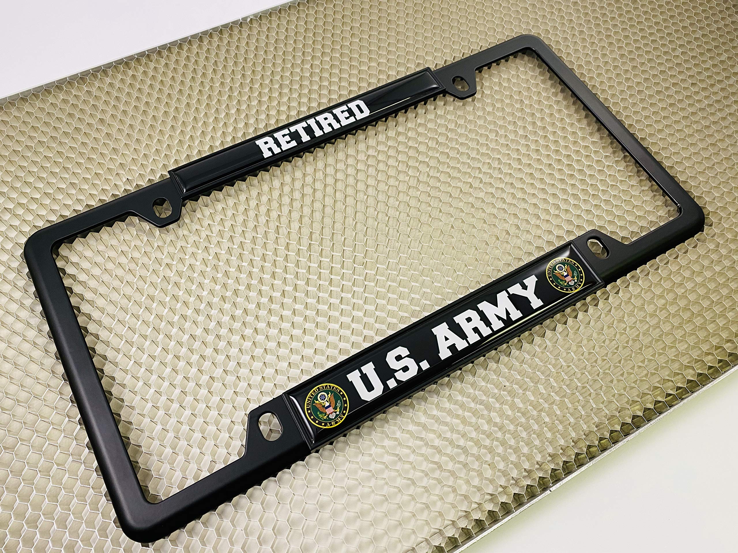 [Officially Licensed Product] - U.S. Army Retired - Domed Custom-Made Personalized Narrow (Thin) Top 4 Hole Metal Car License Plate Frame with Free caps - Black (Quantity: 1 Frame)