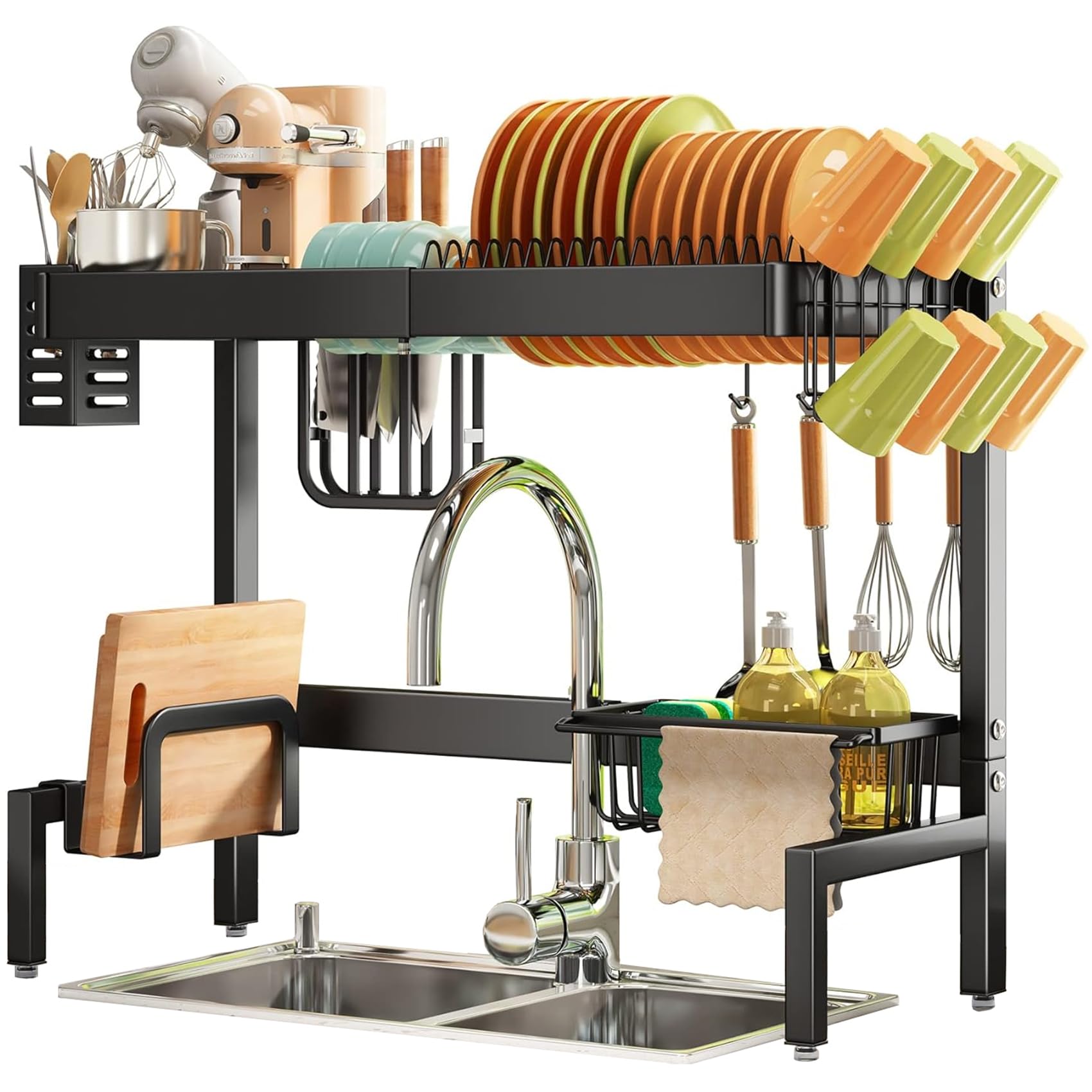 SAYZH Over The Sink Dish Drying Rack, Dish Drying Rack Auto-Drain Expandable (19.9 to 34 inch) 2-Tier Kitchen Counter Dish Drainer Rack with Metal Steel Utensil Cup Holder Sink Caddy, Black