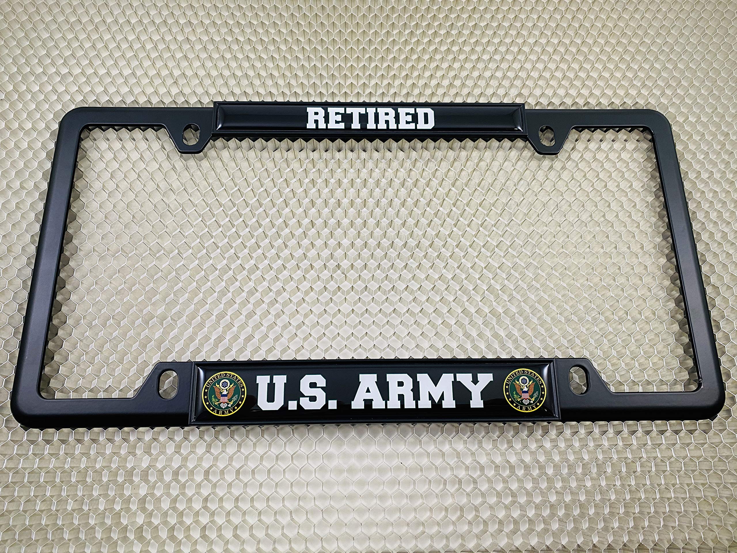 [Officially Licensed Product] - U.S. Army Retired - Domed Custom-Made Personalized Narrow (Thin) Top 4 Hole Metal Car License Plate Frame with Free caps - Black (Quantity: 1 Frame)