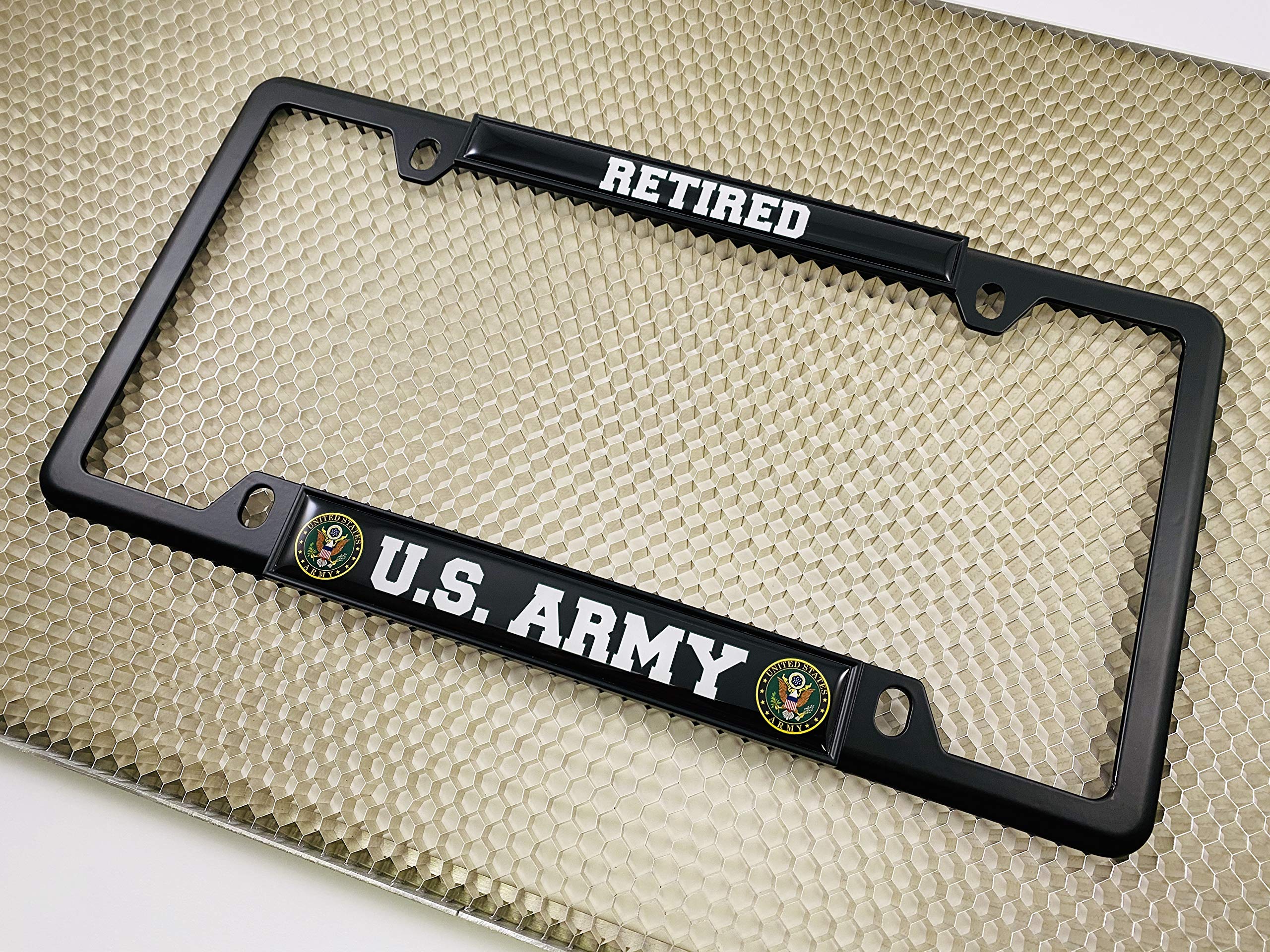 [Officially Licensed Product] - U.S. Army Retired - Domed Custom-Made Personalized Narrow (Thin) Top 4 Hole Metal Car License Plate Frame with Free caps - Black (Quantity: 1 Frame)