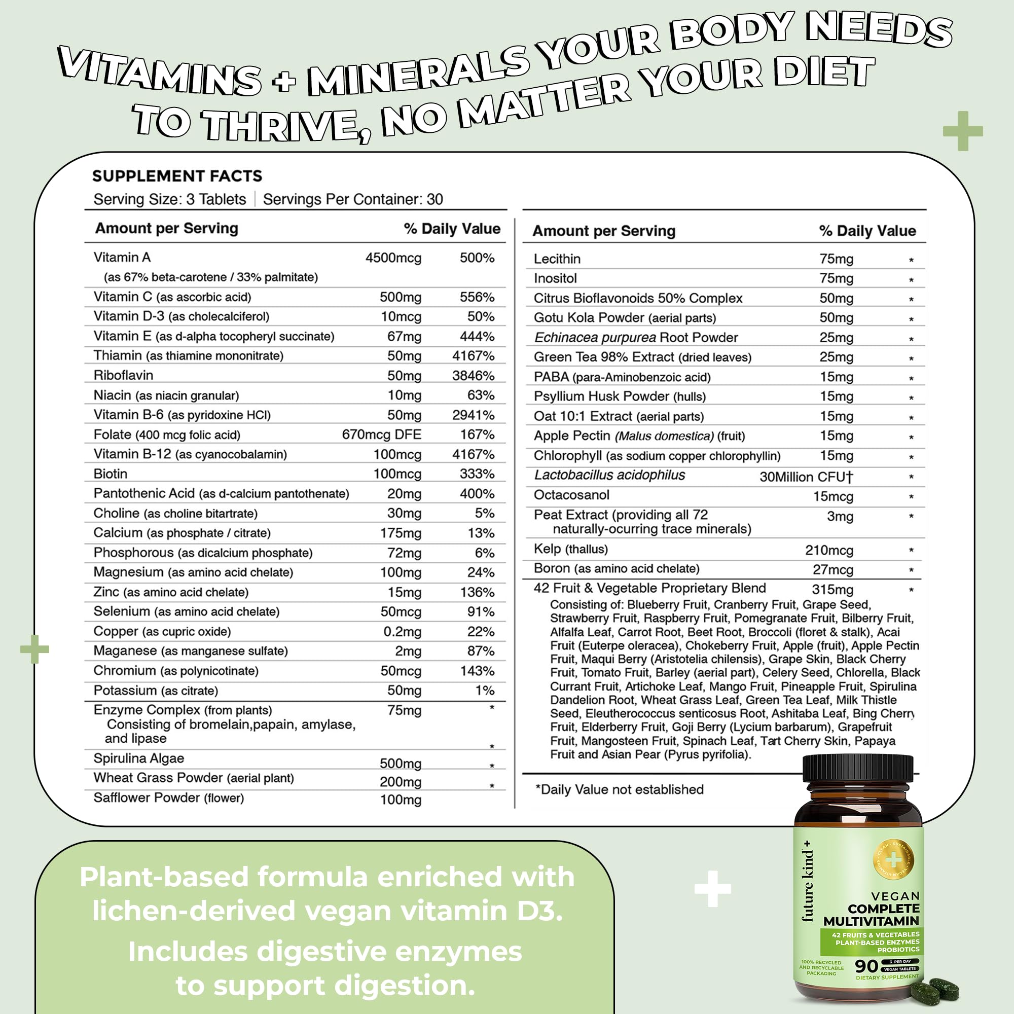 Future Kind Vegan Multivitamins Complete - 42-in-1 Vegan Multivitamins for Women & Men with Enzymes, B12, Zinc, & Probiotics for Digestion (90 tabs in Recycled Bottle)