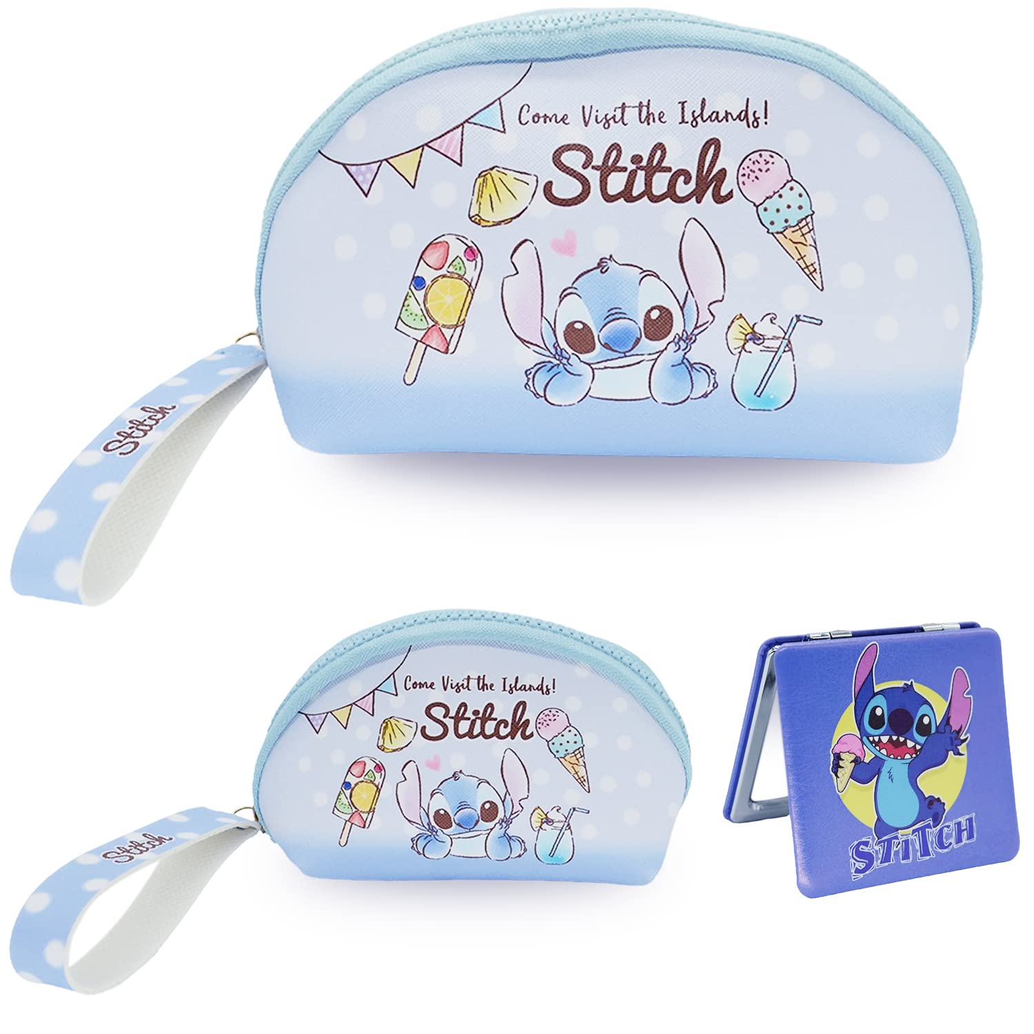 Kawaii Stitch Travel Cosmetic Bag & Coin Purse Set, Cosmetic Pouch Makeup Bag with Zipper, PU Travel Toiletry Bag Makeup Accessories Organizer, Foldable Storage Bags Makeup Pouch for Women Girls