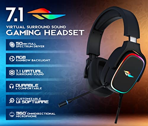 Rosewill Saros C150XS 7.1 Surround Sound USB Pro Gaming Headset, 50mm Full Spectrum Driver, Noise Reduction Microphone, Convenient in-Line Controls, Dynamic RGB Backlighting, Software Configuration