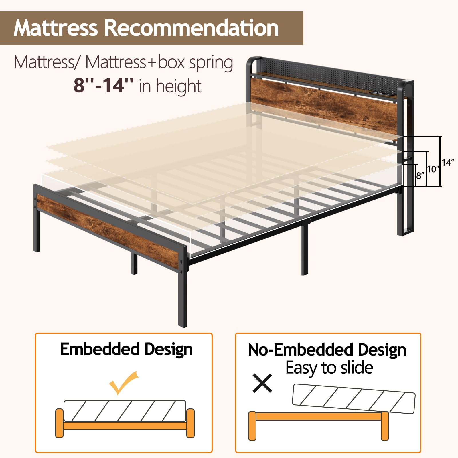 Furnulem Full Bed Frame with LED Lights,Industrial Storage Headboard with Charging Station,USB Port,Under Bed Storage,Wood Platform with Strong Metal Support,No Box Spring Needed, Silent