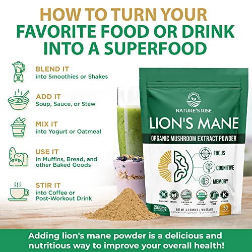 Lions Mane Mushroom Powder Organic Supplement - (USA Grown), Fruiting Body Extract, Nootropic Brain Supplement for Focus & Memory Support, Creativity, Brain Booster | 3.5 Ounces (50 Servings)