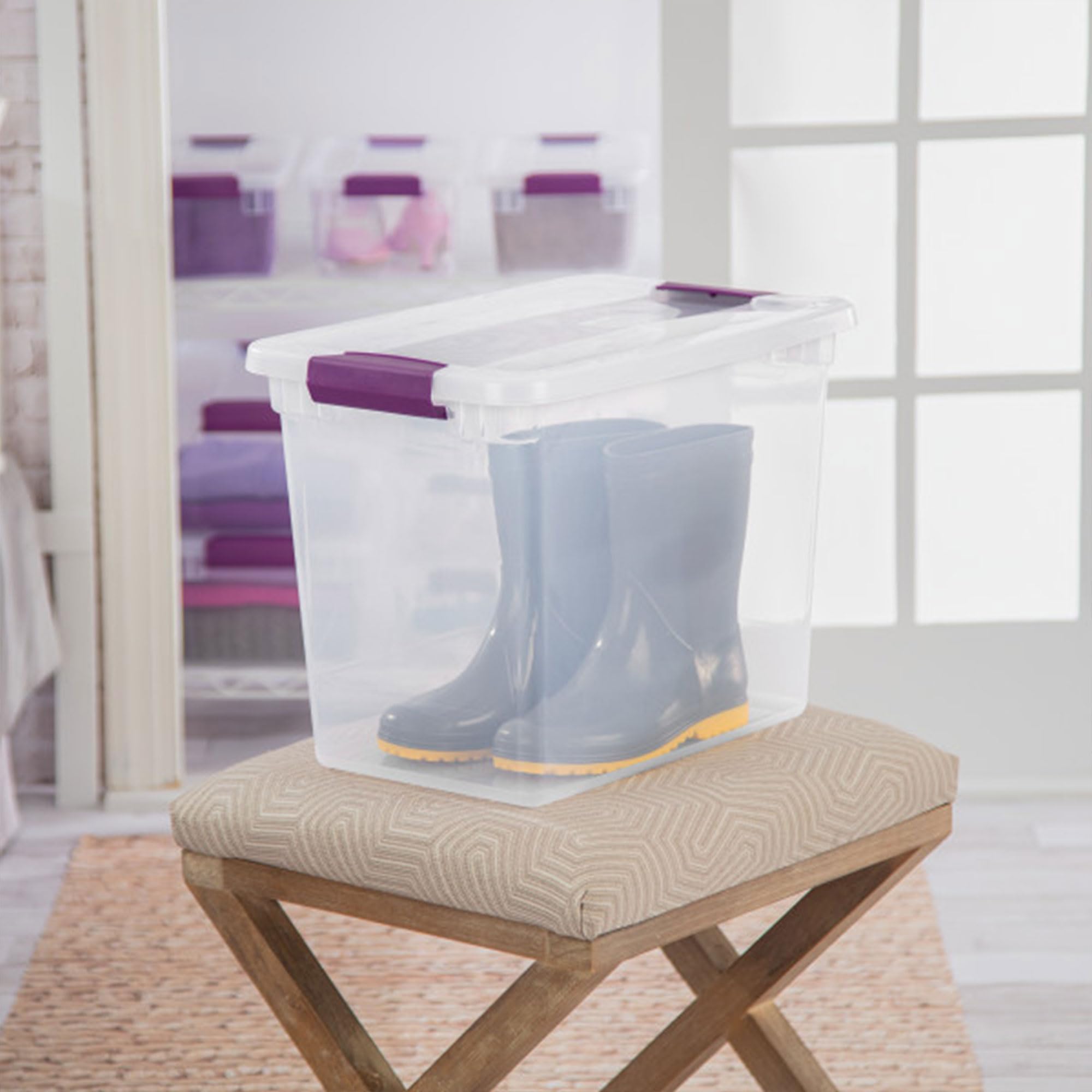 Sterilite 17631706 27 Quart/26 Liter ClearView Latch Box, Clear with Sweet Plum Latches, 6-Pack