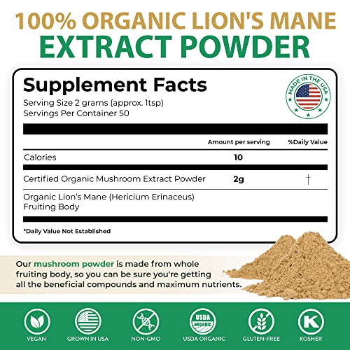 Lions Mane Mushroom Powder Organic Supplement - (USA Grown), Fruiting Body Extract, Nootropic Brain Supplement for Focus & Memory Support, Creativity, Brain Booster | 3.5 Ounces (50 Servings)