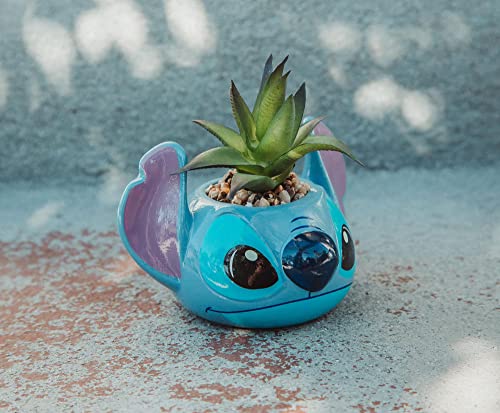 Disney Lilo & Stitch 3-Inch Ceramic Mini Planter with Artificial Succulent | Small Flower Pot, Faux Indoor Plants for Desk Shelf, Home Decor Trinket Tray and Collectibles (Blue, One Size)