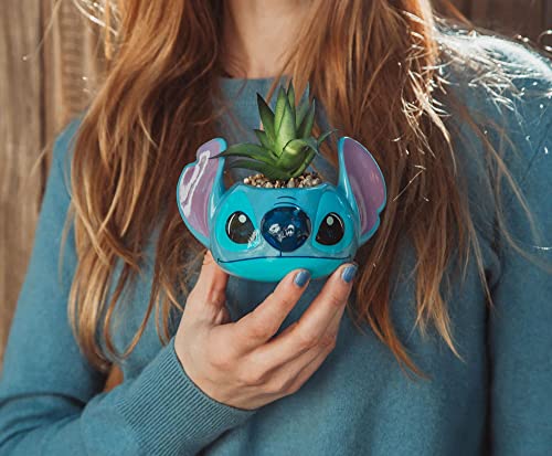 Disney Lilo & Stitch 3-Inch Ceramic Mini Planter with Artificial Succulent | Small Flower Pot, Faux Indoor Plants for Desk Shelf, Home Decor Trinket Tray and Collectibles (Blue, One Size)