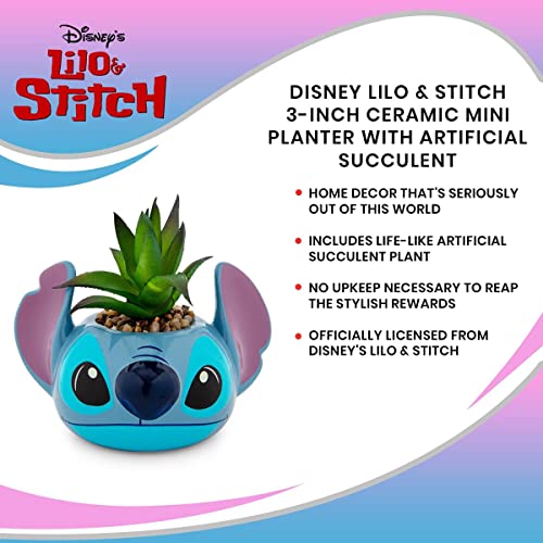 Disney Lilo & Stitch 3-Inch Ceramic Mini Planter with Artificial Succulent | Small Flower Pot, Faux Indoor Plants for Desk Shelf, Home Decor Trinket Tray and Collectibles (Blue, One Size)
