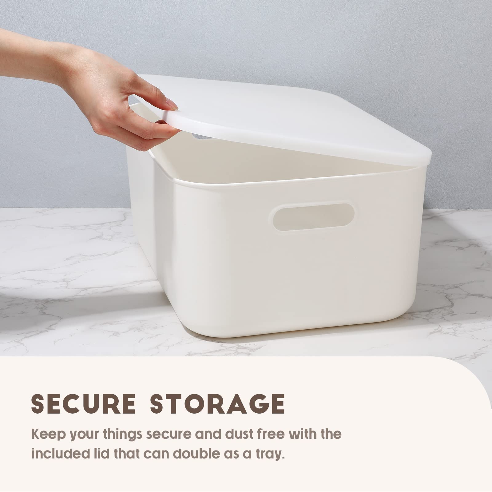 Tuanse 8 Pieces Plastic Storage Bins with Lids,White Storage baskets with Handle Stackable Containers Box For Shelves Drawers Desktop Playroom Classroom Office Organization(14 x 10.5 x 6.5 Inches)