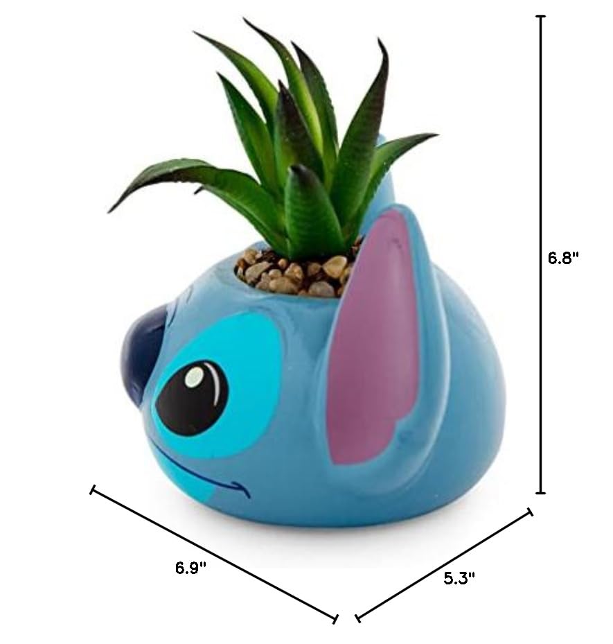 Disney Lilo & Stitch 3-Inch Ceramic Mini Planter with Artificial Succulent | Small Flower Pot, Faux Indoor Plants for Desk Shelf, Home Decor Trinket Tray and Collectibles (Blue, One Size)