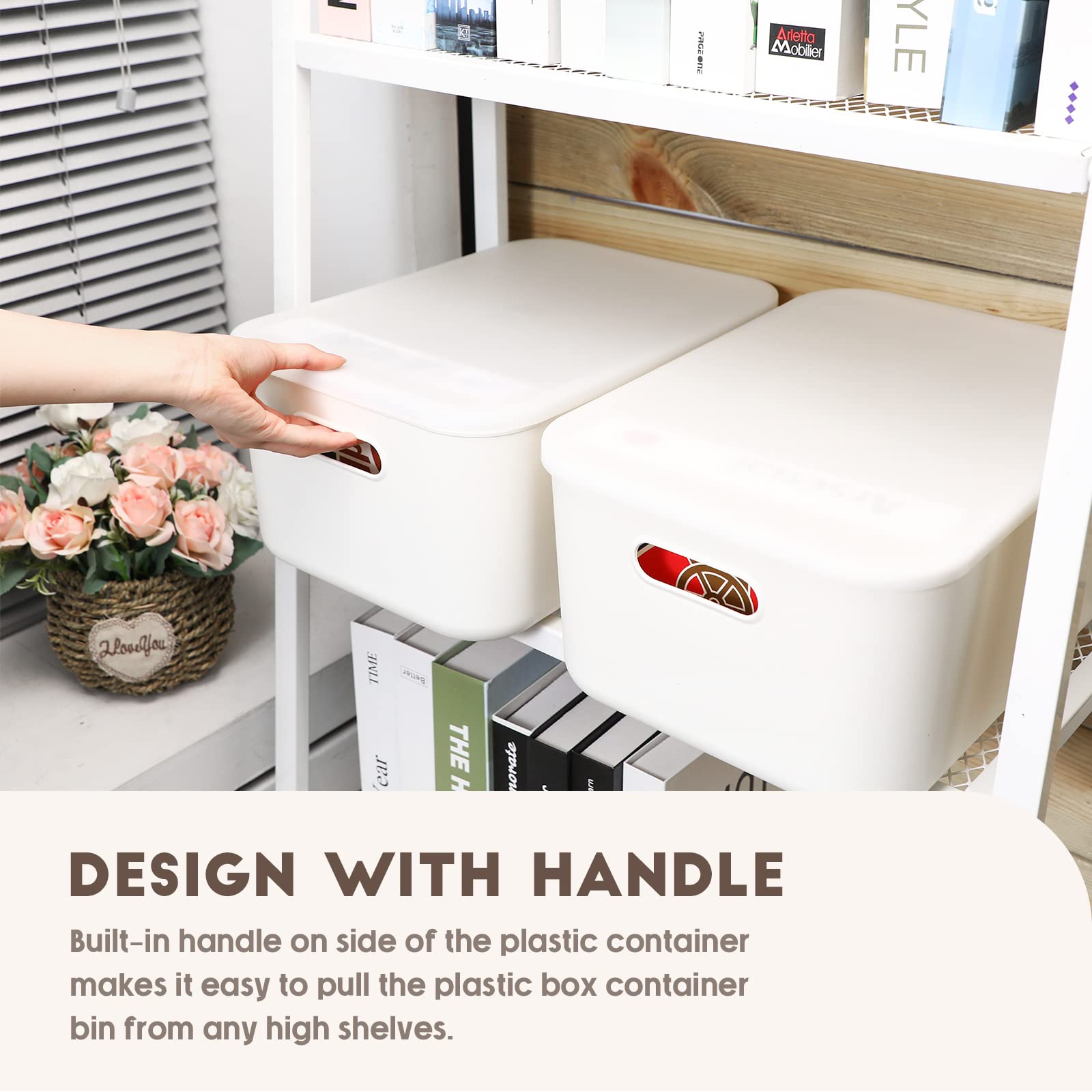 Tuanse 8 Pieces Plastic Storage Bins with Lids,White Storage baskets with Handle Stackable Containers Box For Shelves Drawers Desktop Playroom Classroom Office Organization(14 x 10.5 x 6.5 Inches)