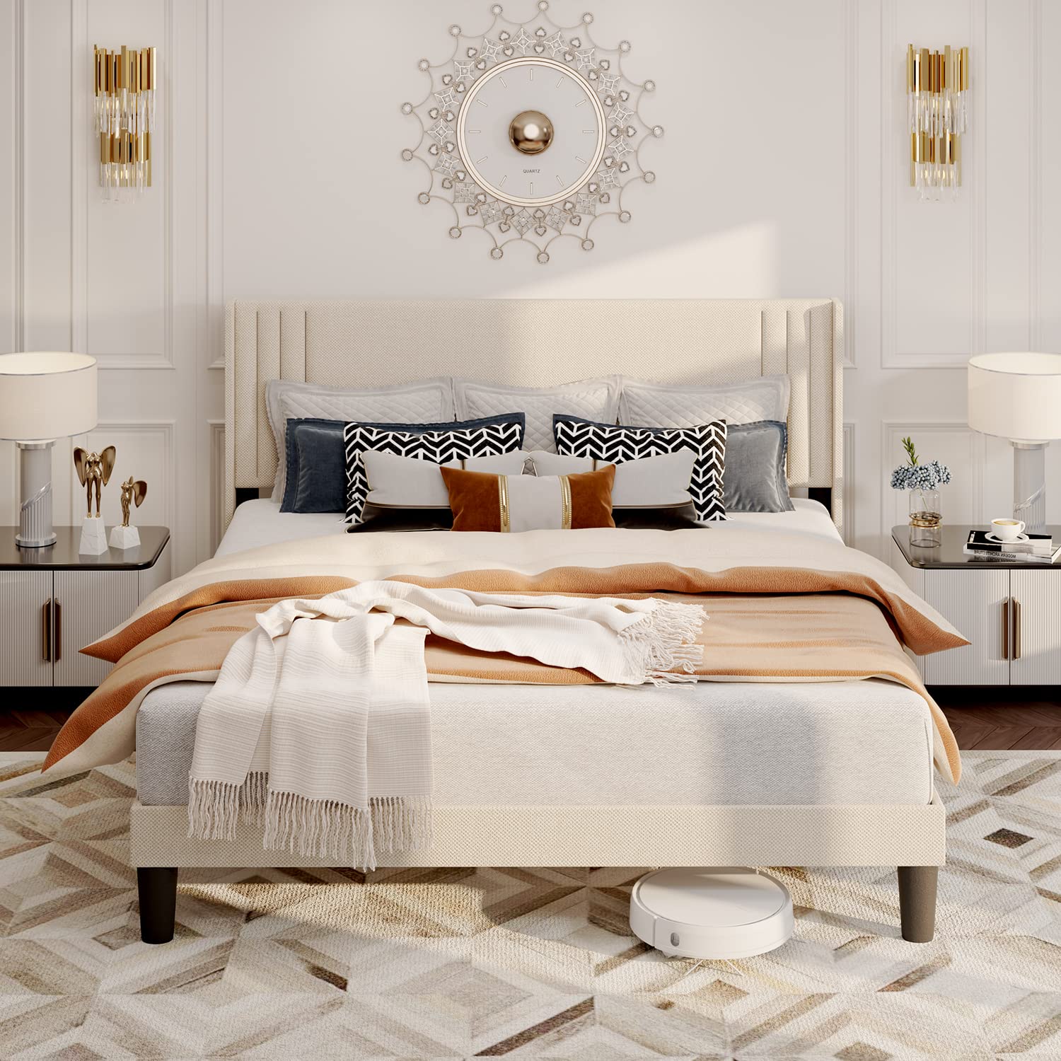 Gizoon Full Bed Frame with Wingback Headboard, Upholstered Platform Bed with Modern Geometric Headboard, Wooden Slats, Noise-Free, No Box Spring Needed