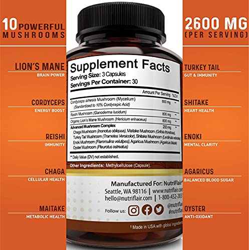NutriFlair Mushroom Supplement 2600mg, 90 Capsules - 10 Mushrooms Blend - Reishi, Lions Mane, Cordyceps, Chaga, Turkey Tail, Maitake, Shiitake, Oyster Nootropic Complex - Brain, Energy, Focus Pills