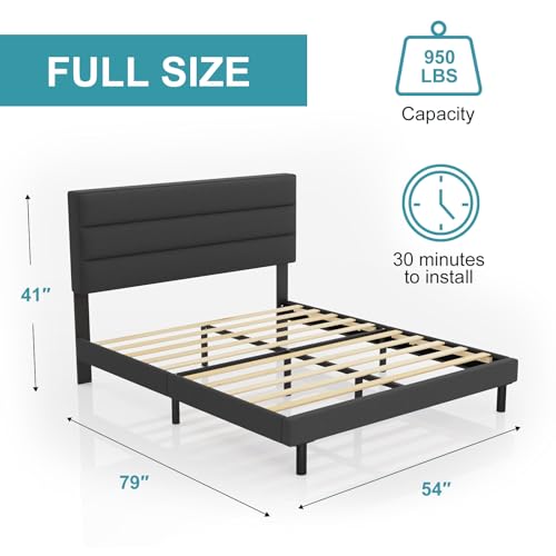 IYEE NATURE Full Size Bed Frame with Headboard,Sturdy Platform Bed with Wooden Slats Support,No Box Spring,Mattress Foundation,Easy Assembly,Dark Grey