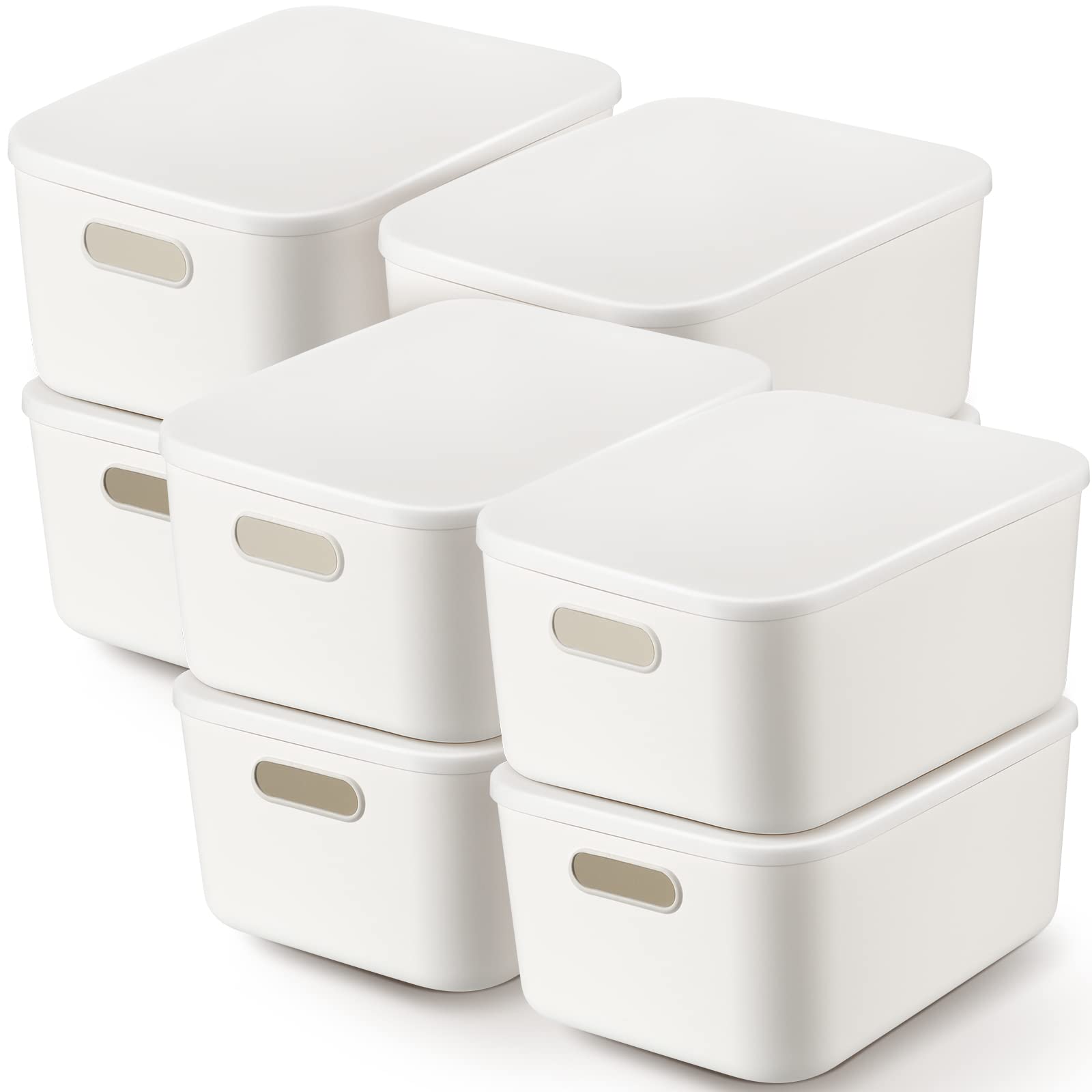 Tuanse 8 Pieces Plastic Storage Bins with Lids,White Storage baskets with Handle Stackable Containers Box For Shelves Drawers Desktop Playroom Classroom Office Organization(14 x 10.5 x 6.5 Inches)