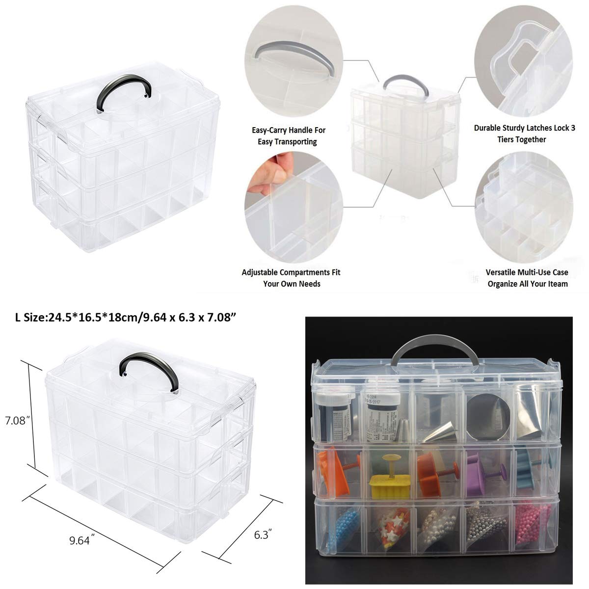 ZLY 3-Tier Demountable Plastic Jewelry Box Organizer Storage Container with Adjustable Dividers 30(Large) Grids