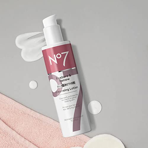 No.7 Restore & Renew Dual Action Cleansing Lotion - Facial Cleanser & Exfoliant with Alpha Hydroxy Acid - Cleansing Lotion Makeup Remover for Anti Aging