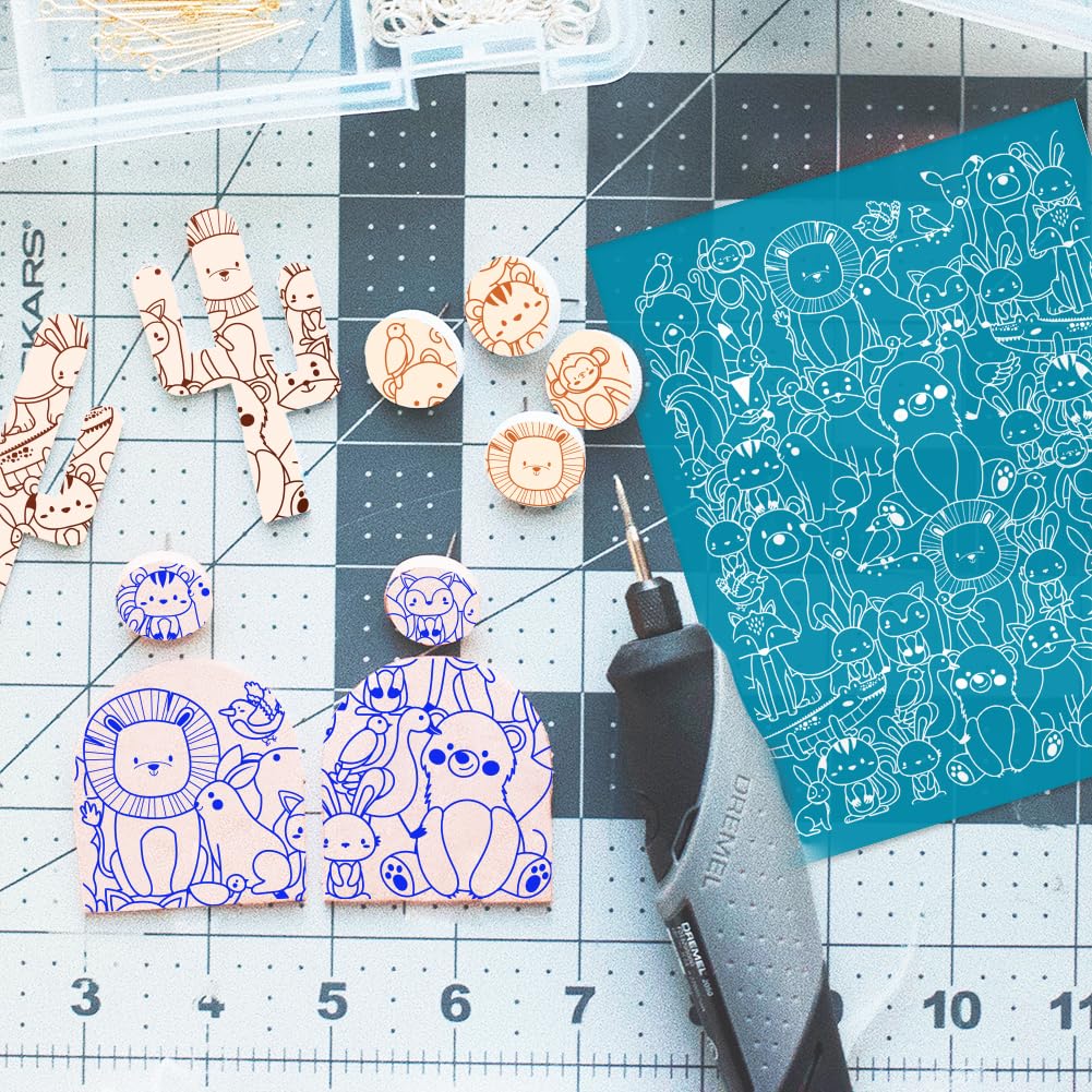 OLYCRAFT 4x5 Inch Clay Stencils Animal Pattern Silk Screen for Polymer Clay Line Zoo Rabbit Bear Monkey Silk Screen Stencils Mesh Transfer Stencils Animal Mesh Stencil for Polymer Clay Jewelry Making