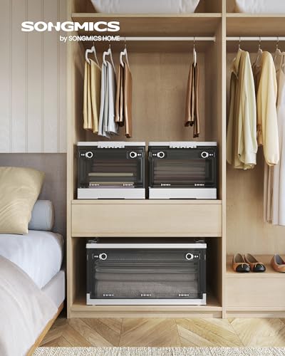 SONGMICS Plastic Storage Bins with Lids, 11.6 Gal. (46.4 Qt.) Stackable Closet Organizer, 5 Doors, Pack of 3, Storage Cabinet, Office Organization, Foldable, Cloud White and Slate Gray URPB044W03