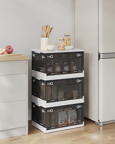 SONGMICS Plastic Storage Bins with Lids, 11.6 Gal. (46.4 Qt.) Stackable Closet Organizer, 5 Doors, Pack of 3, Storage Cabinet, Office Organization, Foldable, Cloud White and Slate Gray URPB044W03