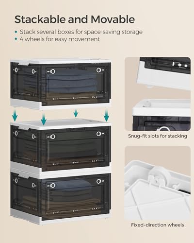 SONGMICS Plastic Storage Bins with Lids, 11.6 Gal. (46.4 Qt.) Stackable Closet Organizer, 5 Doors, Pack of 3, Storage Cabinet, Office Organization, Foldable, Cloud White and Slate Gray URPB044W03