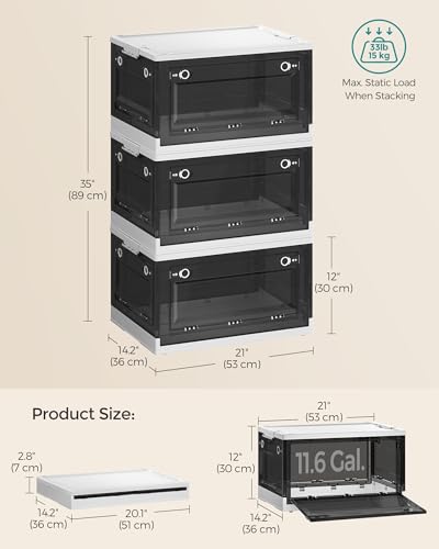 SONGMICS Plastic Storage Bins with Lids, 11.6 Gal. (46.4 Qt.) Stackable Closet Organizer, 5 Doors, Pack of 3, Storage Cabinet, Office Organization, Foldable, Cloud White and Slate Gray URPB044W03