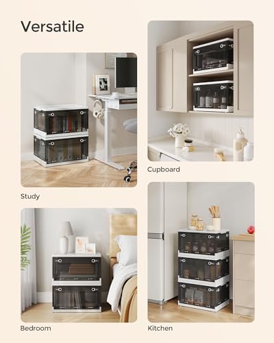 SONGMICS Plastic Storage Bins with Lids, 11.6 Gal. (46.4 Qt.) Stackable Closet Organizer, 5 Doors, Pack of 3, Storage Cabinet, Office Organization, Foldable, Cloud White and Slate Gray URPB044W03