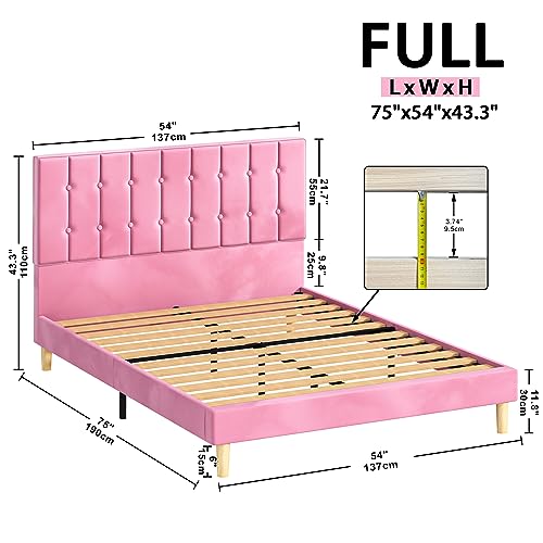 LIKIMIO Full Bed Frames, Velvet Upholstered Platform Bed Frame with Headboard and Strong Wooden Slats, No Box Spring Needed/Noise-Free/Easy Assembly, Pink