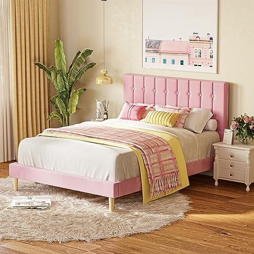 LIKIMIO Full Bed Frames, Velvet Upholstered Platform Bed Frame with Headboard and Strong Wooden Slats, No Box Spring Needed/Noise-Free/Easy Assembly, Pink