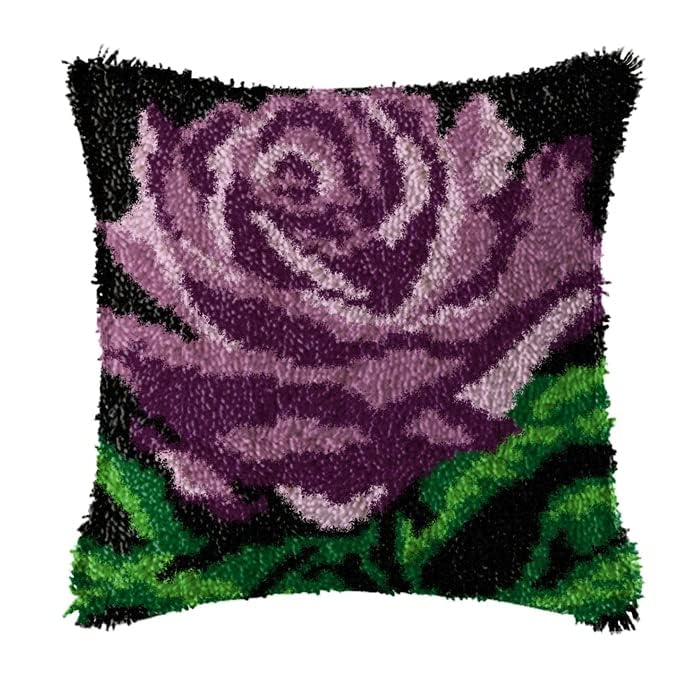 Purple Rose Latch Hook Kits Pillow Crochet Yarn Rug Pre-Printed Cushion DIY Needlework Pillowcase Hook and Latch Kit Christmas Home Sofa Decoration 43x43cm