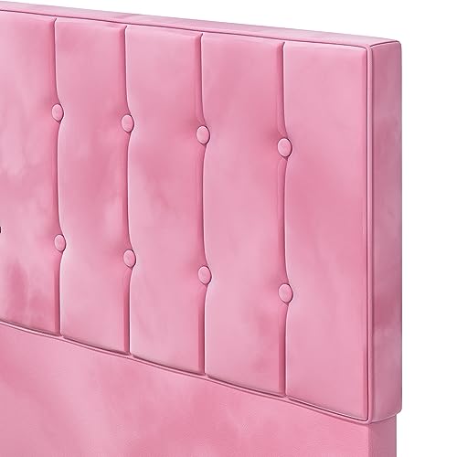 LIKIMIO Full Bed Frames, Velvet Upholstered Platform Bed Frame with Headboard and Strong Wooden Slats, No Box Spring Needed/Noise-Free/Easy Assembly, Pink