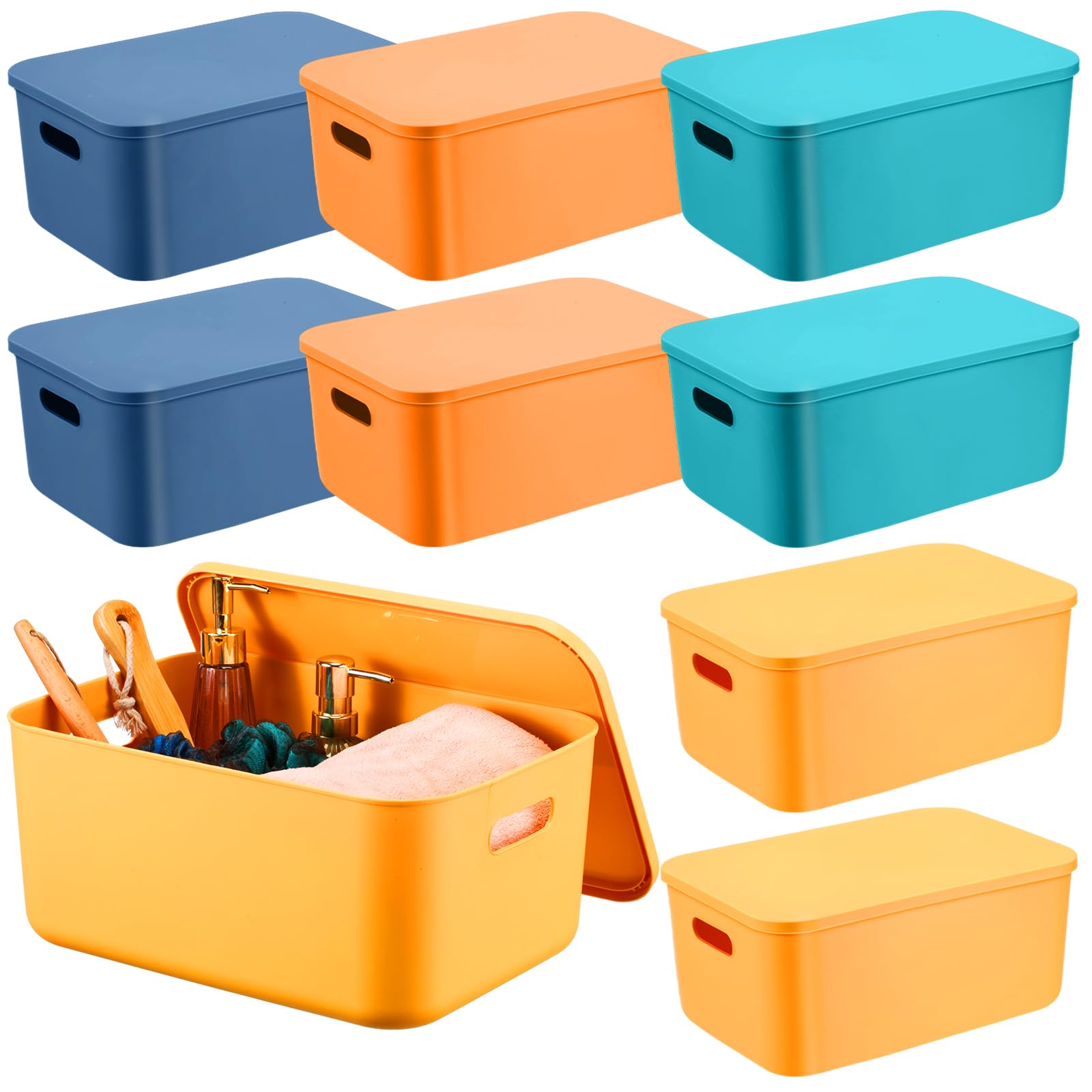 Jinei 8 Pack Plastic Storage Bins Stackable Storage Containers with Lid Handle 14 x 10 x 6 Inch Colorful Organizer Baskets Box Cubby for Pantry Shelf Bedroom Office Desktop Book Organization