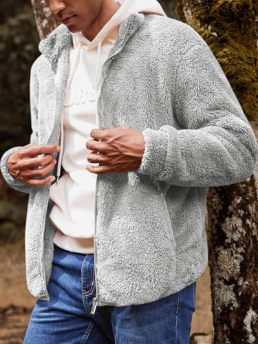 Mens Fuzzy Sherpa Jacket Cardigan Fleece Long Sleeve Full Zip Open Front Thermal Coat Fall Winter Outwear (Medium, Grey)