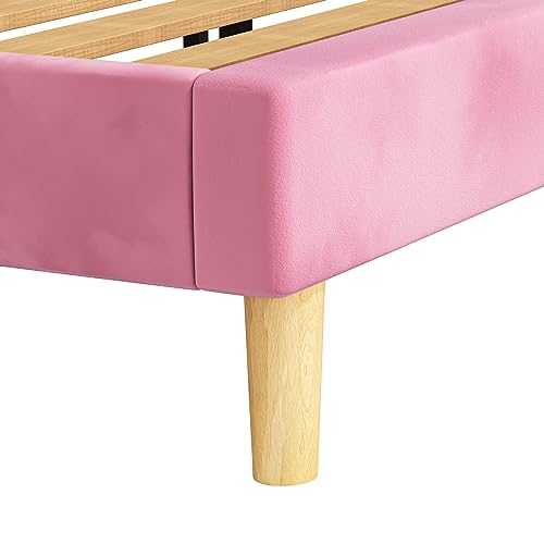 LIKIMIO Full Bed Frames, Velvet Upholstered Platform Bed Frame with Headboard and Strong Wooden Slats, No Box Spring Needed/Noise-Free/Easy Assembly, Pink