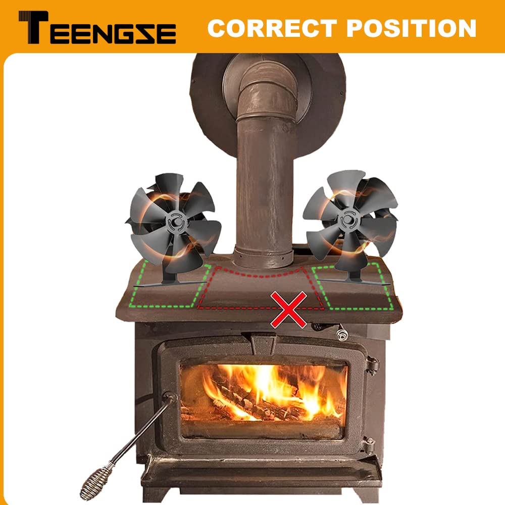 TEENGSE 6 Blades Stove Fan with Thermometer Strip, Heat Powered Wood Fan for Home Wood Log Burning Stove Fireplace Circulating Warm Air Saving Fuel Efficiently